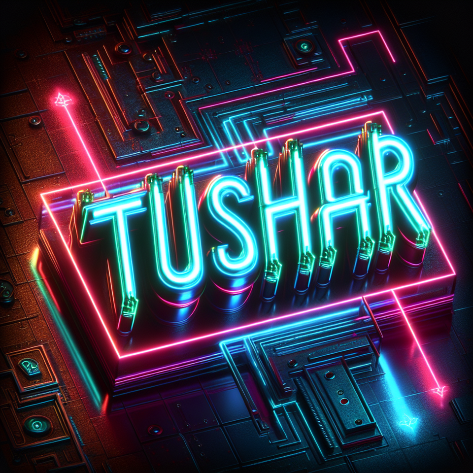 Efek Teks neon cyberpunk font saying TUSHAR yang Dihasilkan AI - Seapik