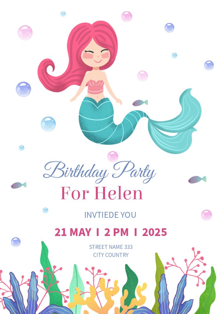 Mermaid Themed Birthday Celebration Elegant White Watercolor Invitation ...